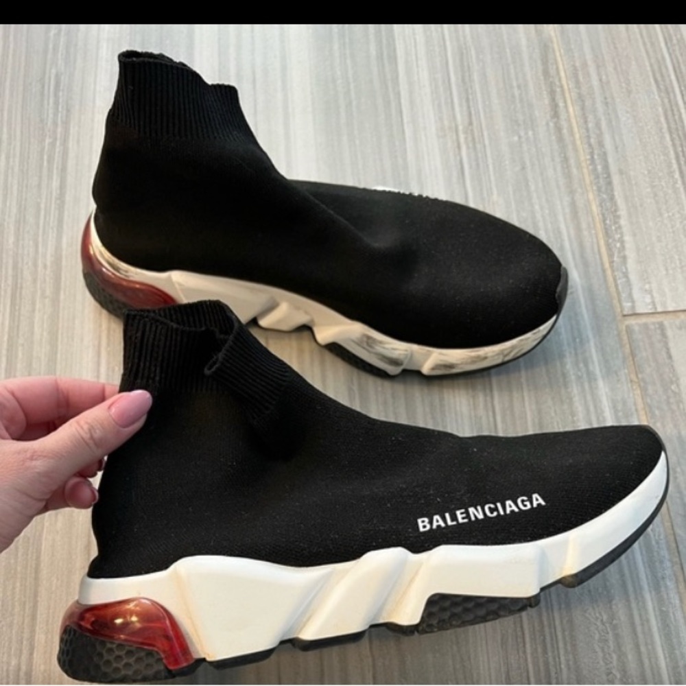 Balenciaga Black And White With Red Sole Speed Sneake… - Gem